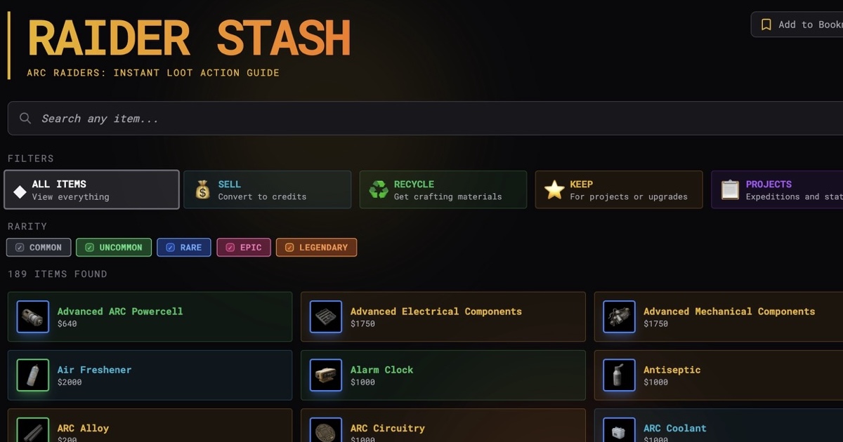 Arc Raiders Item Database - 325+ Items | Sell, Recycle, or Keep Guide